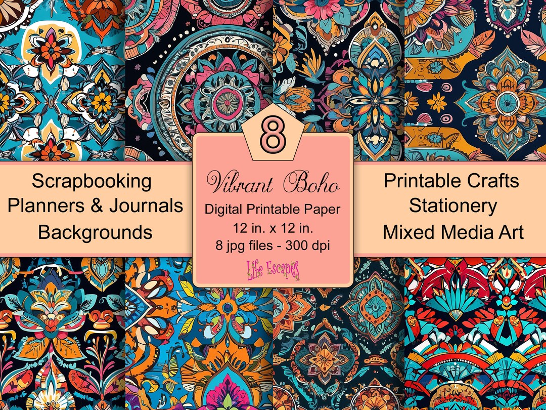 Boho Digital Paper Pack, Vibrant Scrapbook Backgrounds (digital ...
