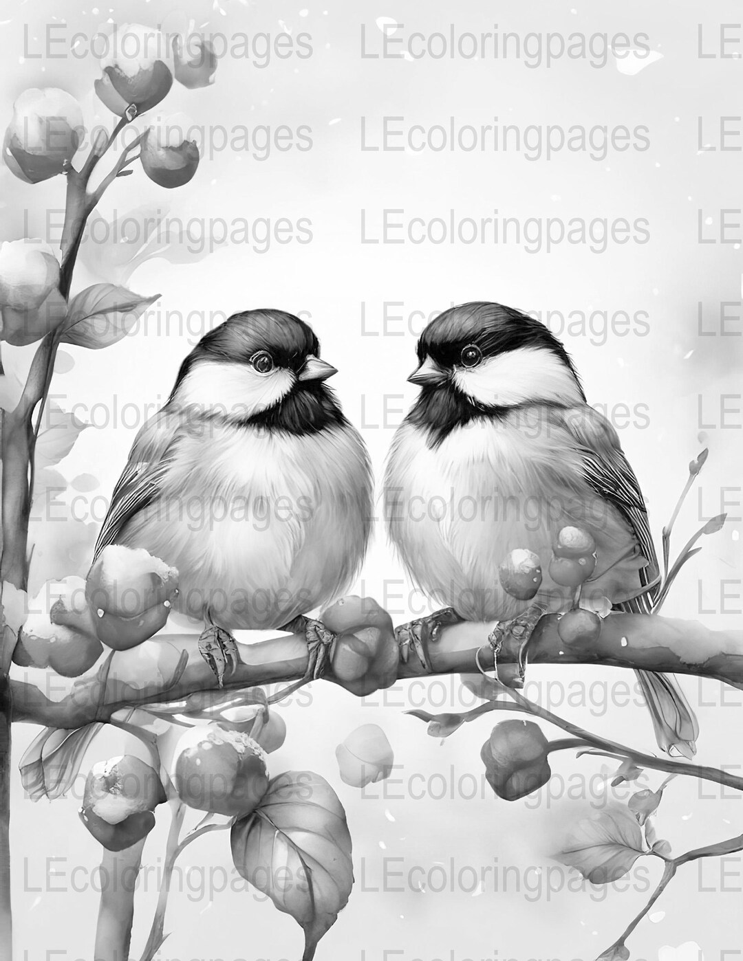 Printable Adult Coloring Page, Grayscale Birds Illustration, Chicadees ...