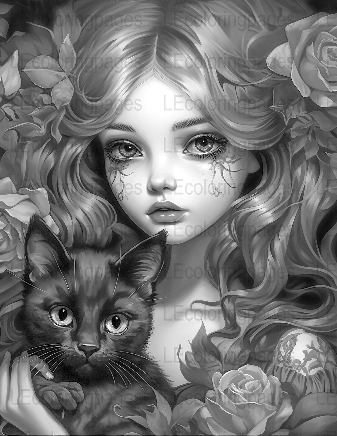 Gothic Cat Girl Grayscale Coloring Page for Adults 76 Instant Download ...