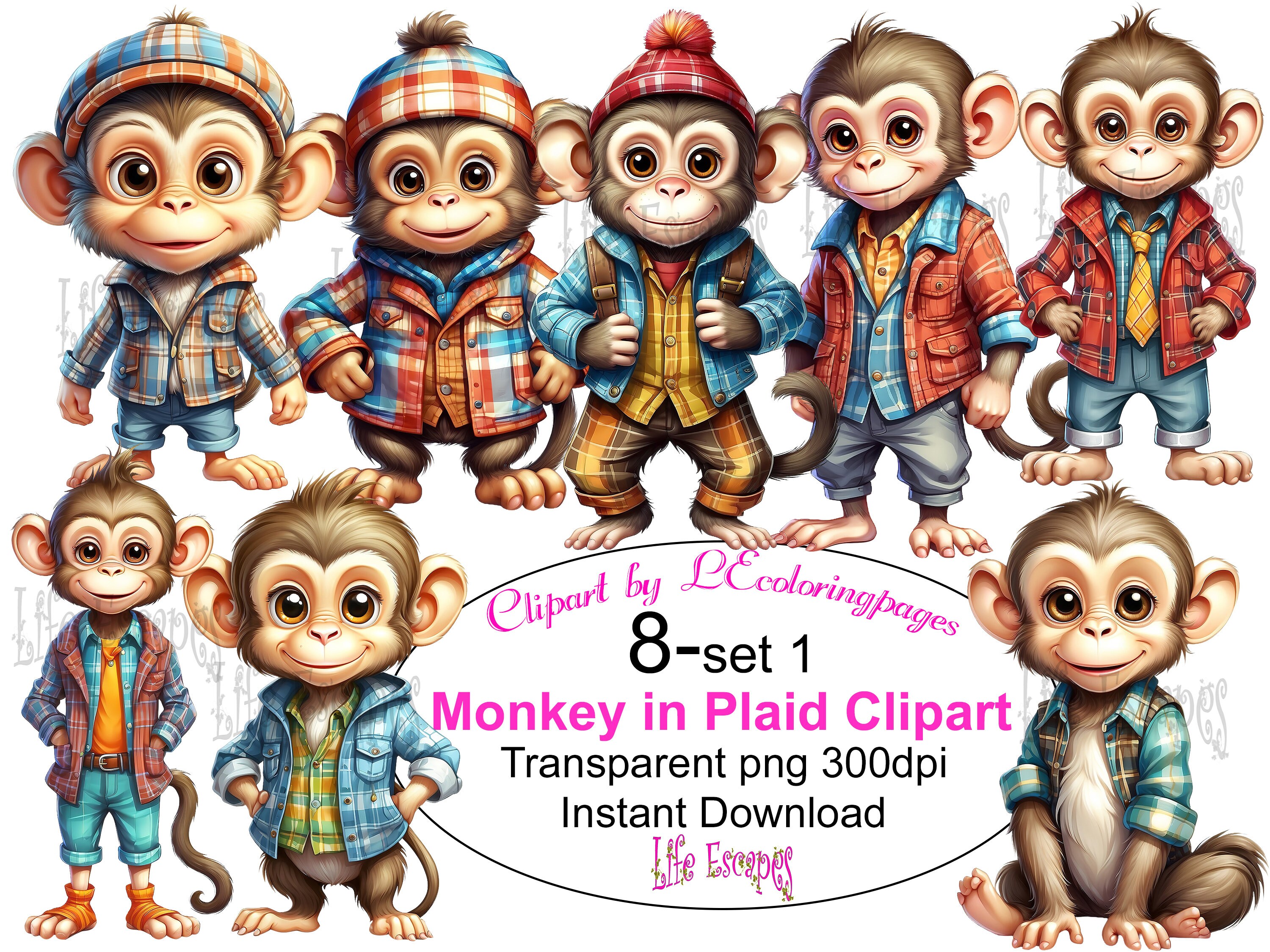 Printable Monkey Clipart Bundle Set 1, PNG, Commercial Use, Digital ...