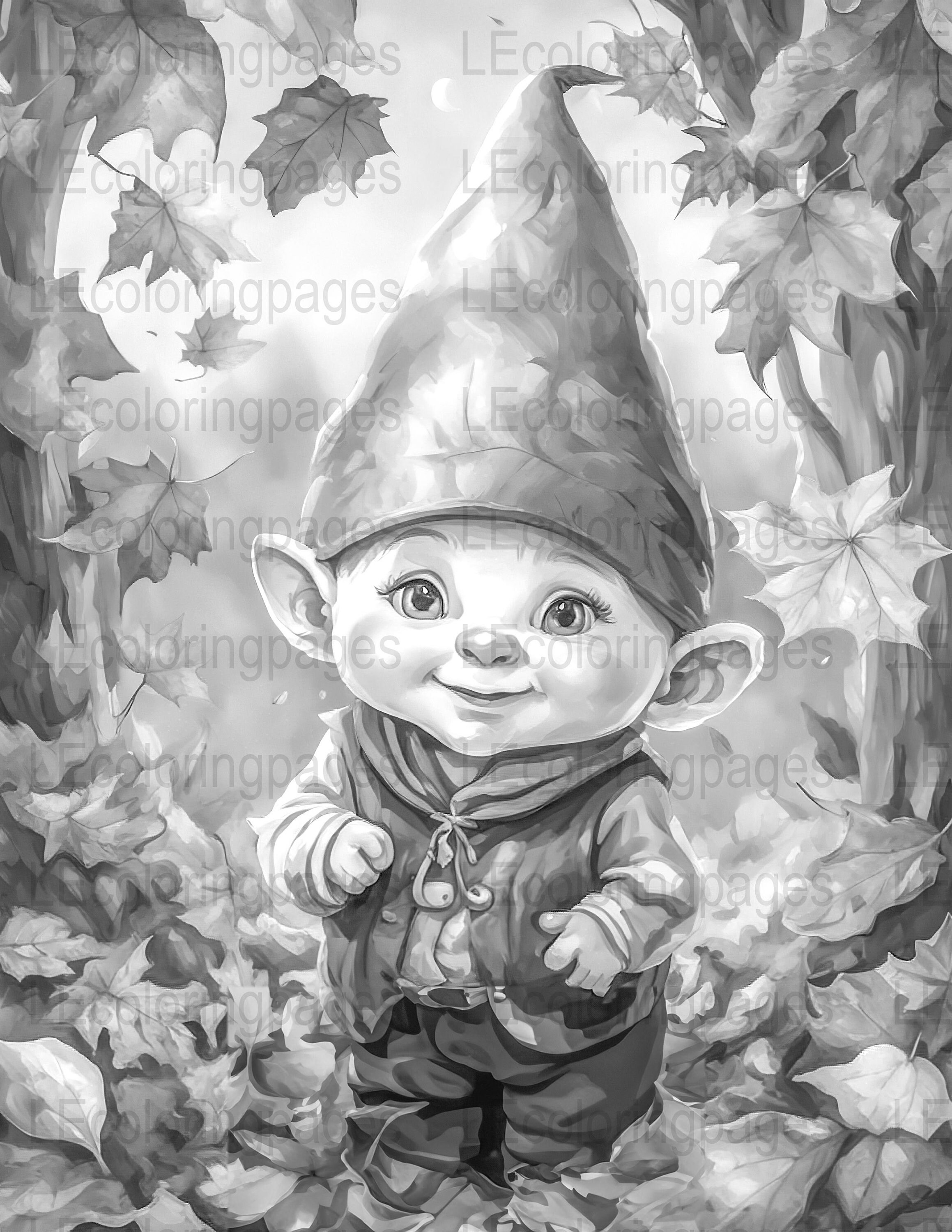 Autumn Gnome Grayscale Coloring Page for Adults 72 Printable Instant ...