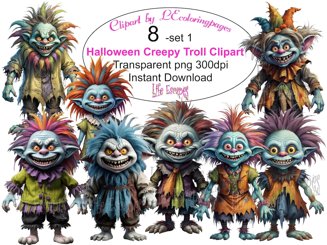 Halloween Creepy Troll Clipart Set, 8 PNG Clipart Pack, Instant ...