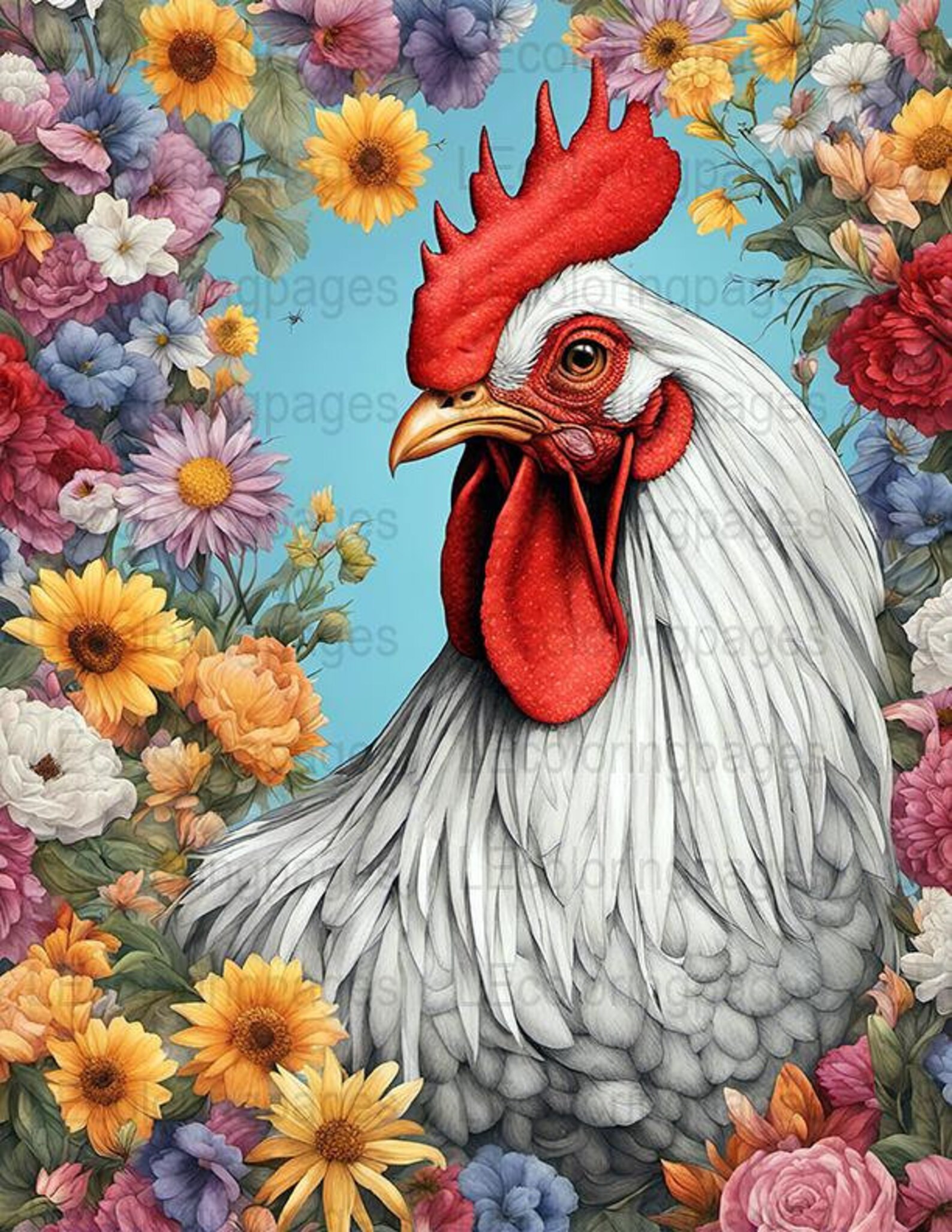 Printable Adult Coloring Page, Grayscale Rooster and Flowers, Intricate ...