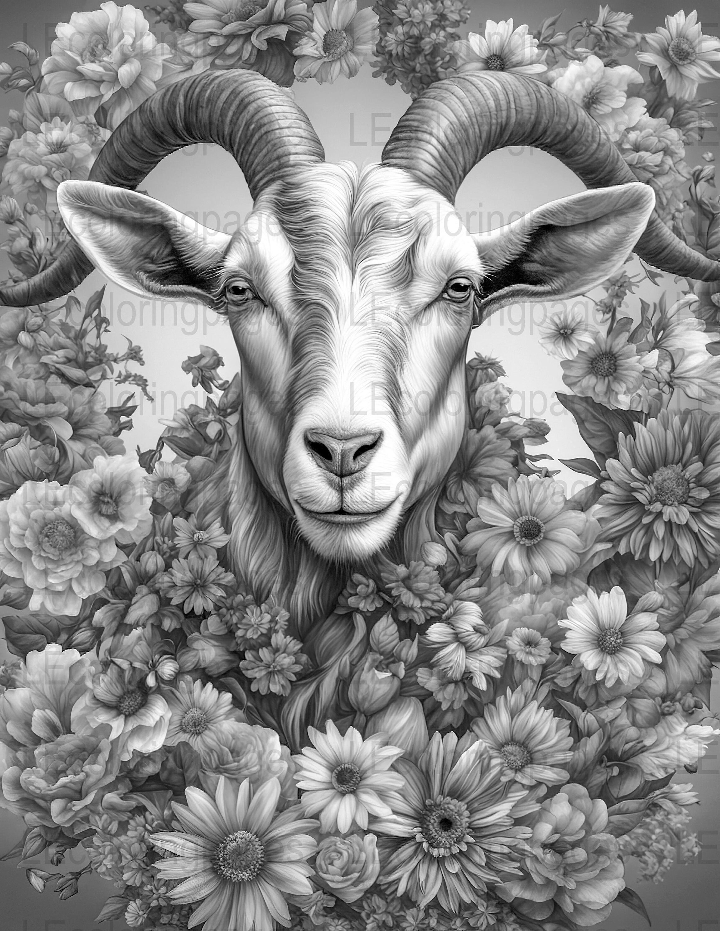 Adult Coloring Page Printable Goat, Grayscale Floral Design, Relaxing ...
