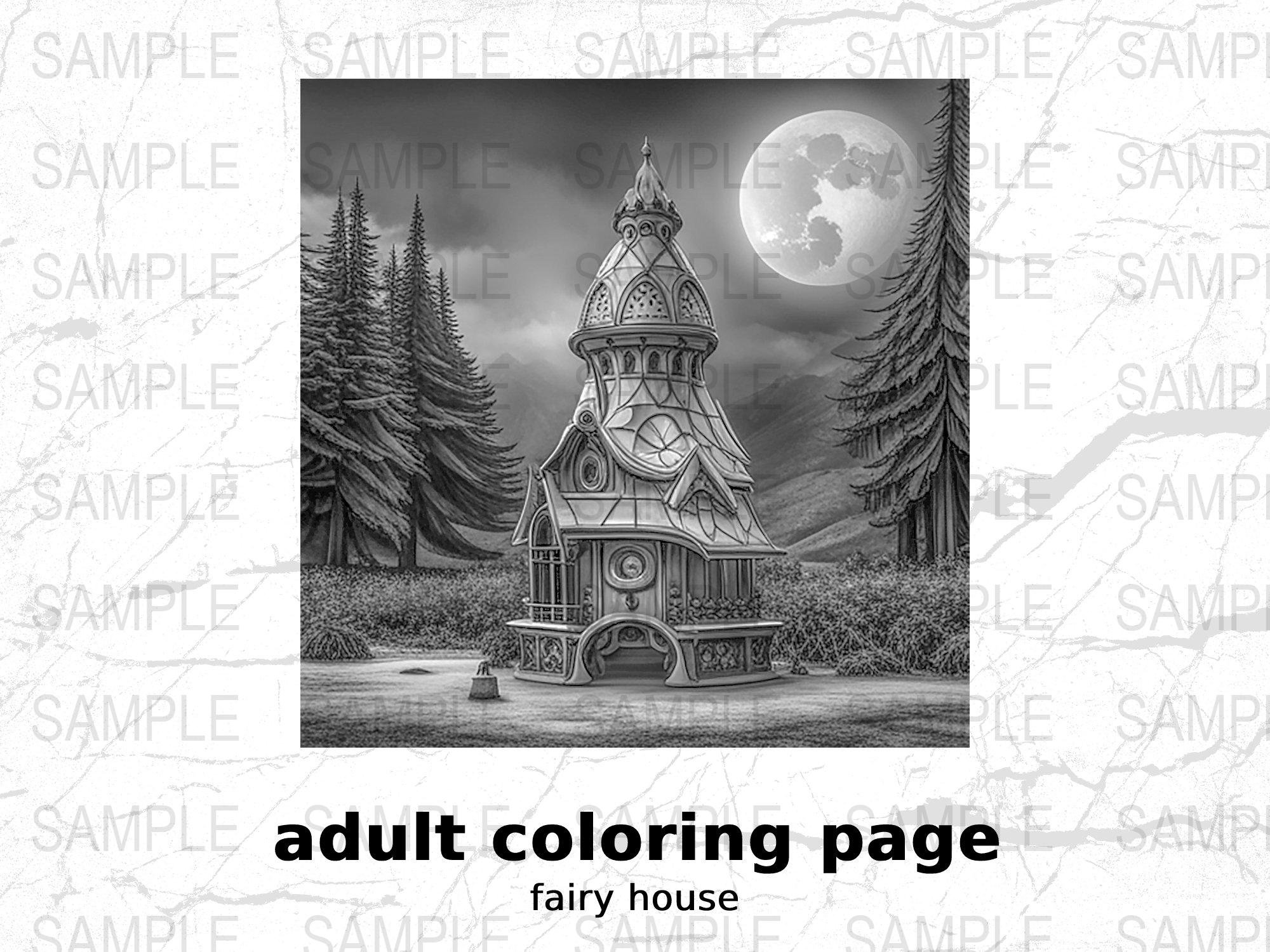 Printable Coloring Page Enchanting Grayscale Fairy House - Etsy