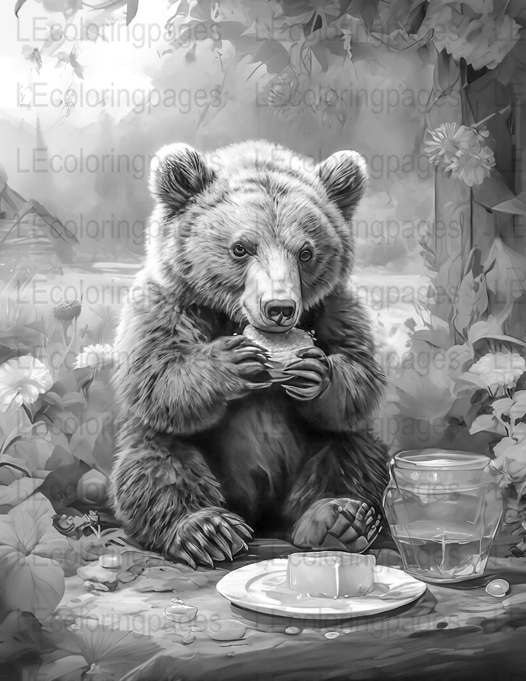 Grayscale Adult Coloring Page, Bear in Forest, Printable JPG, Relaxing ...