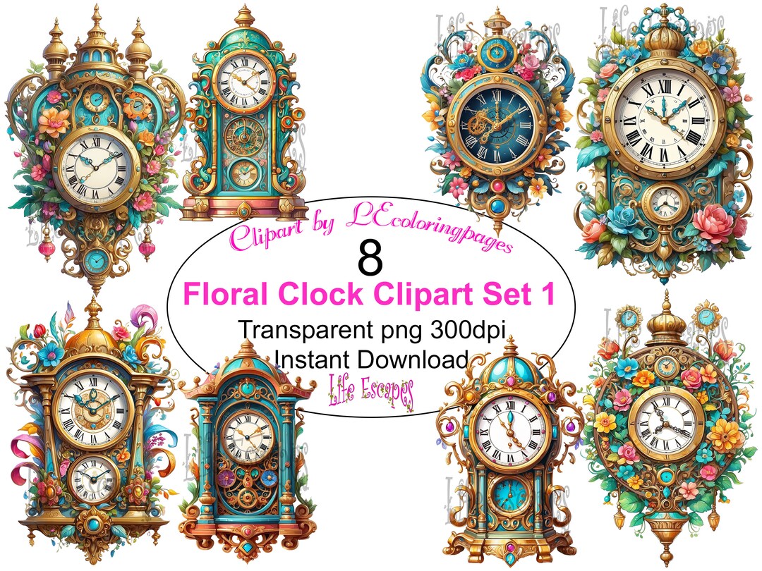 Printable Floral Clock Clipart Bundle - Set #1, PNG, Commercial Use ...