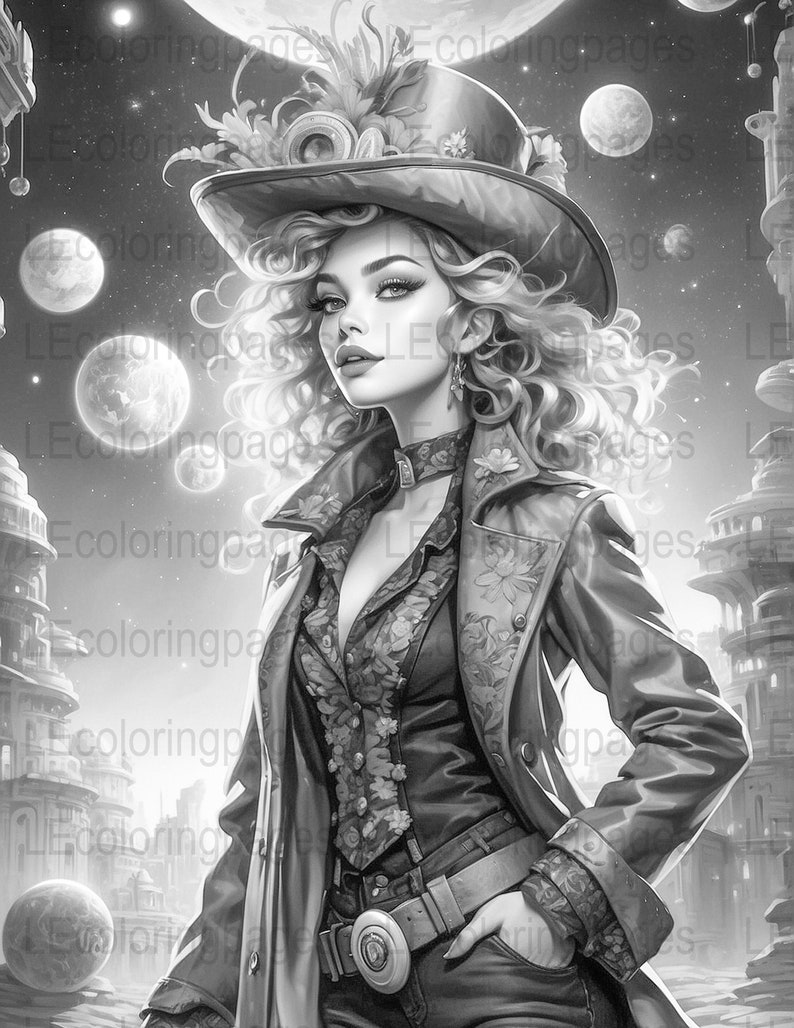 Fantasy Grayscale Coloring Page for Adults, Celestial Adventure ...