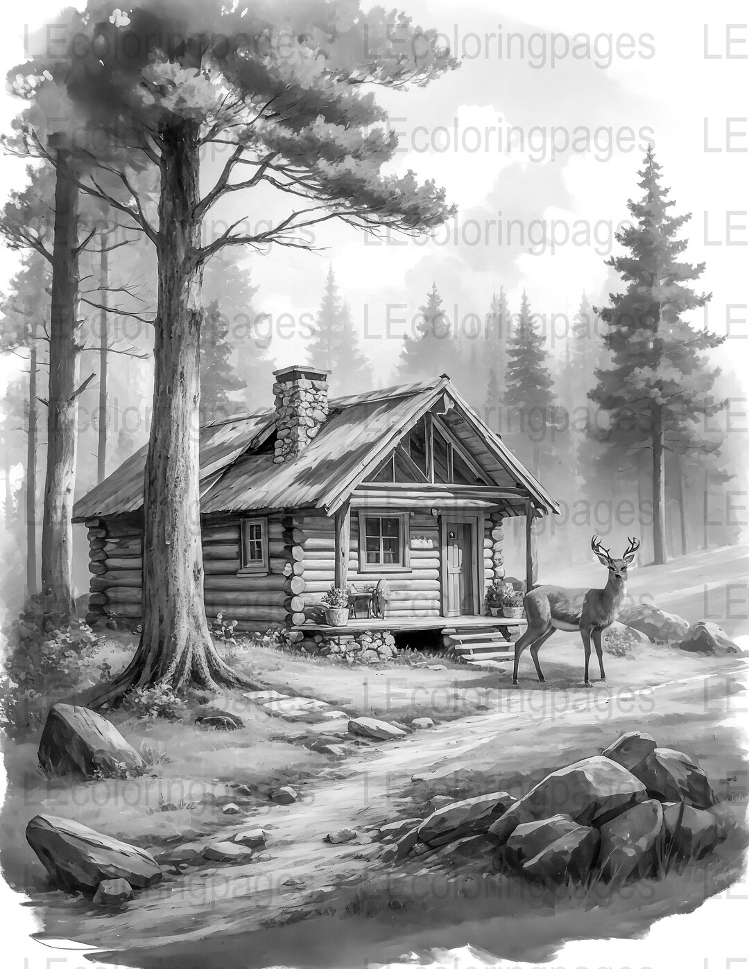 Hunting Cabin Grayscale Coloring Page for Adults 52 Instant - Etsy