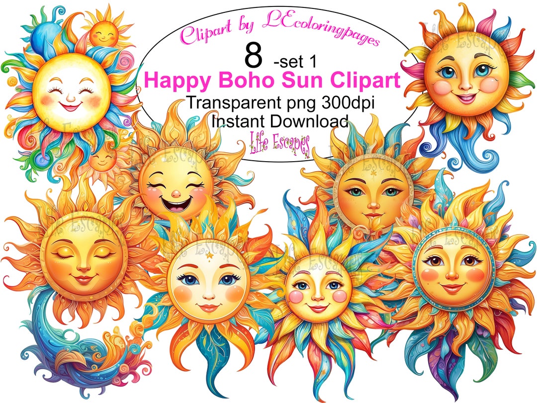 Happy Boho Sun Clipart Set, 8 PNG Illustrations (commercial Use ...