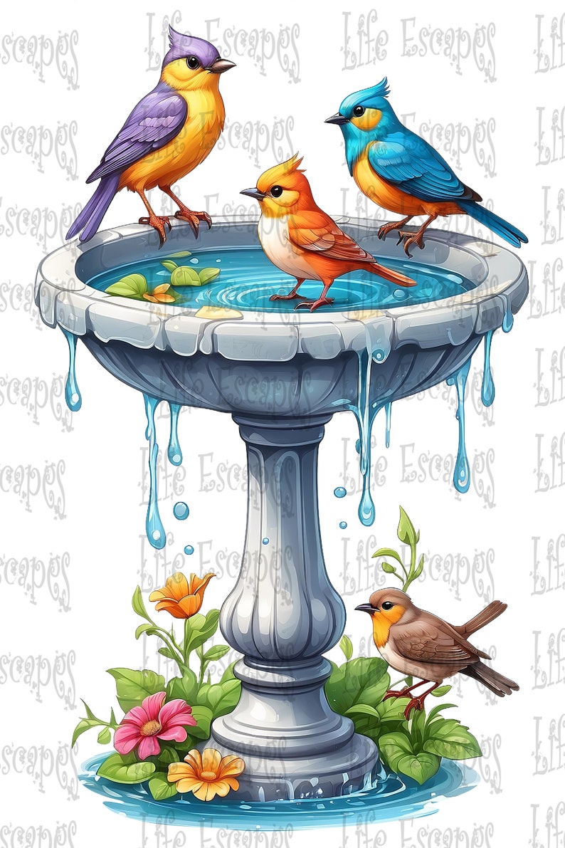Watercolor Bird Bath Clipart Set, Garden Birds Illustration (digital ...