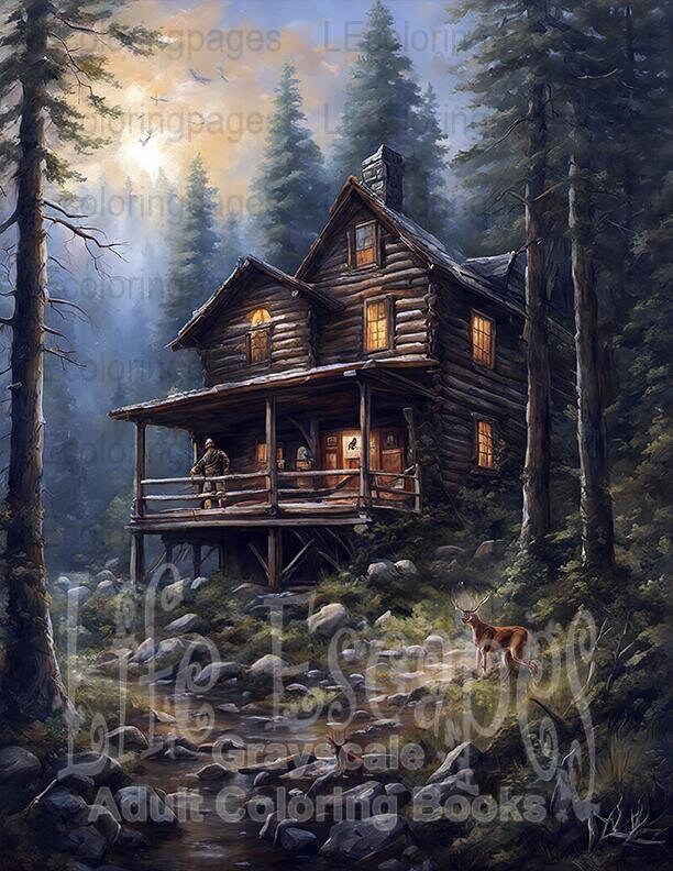 Hunting Cabin Grayscale Coloring Page for Adults #30 - Instant Download ...
