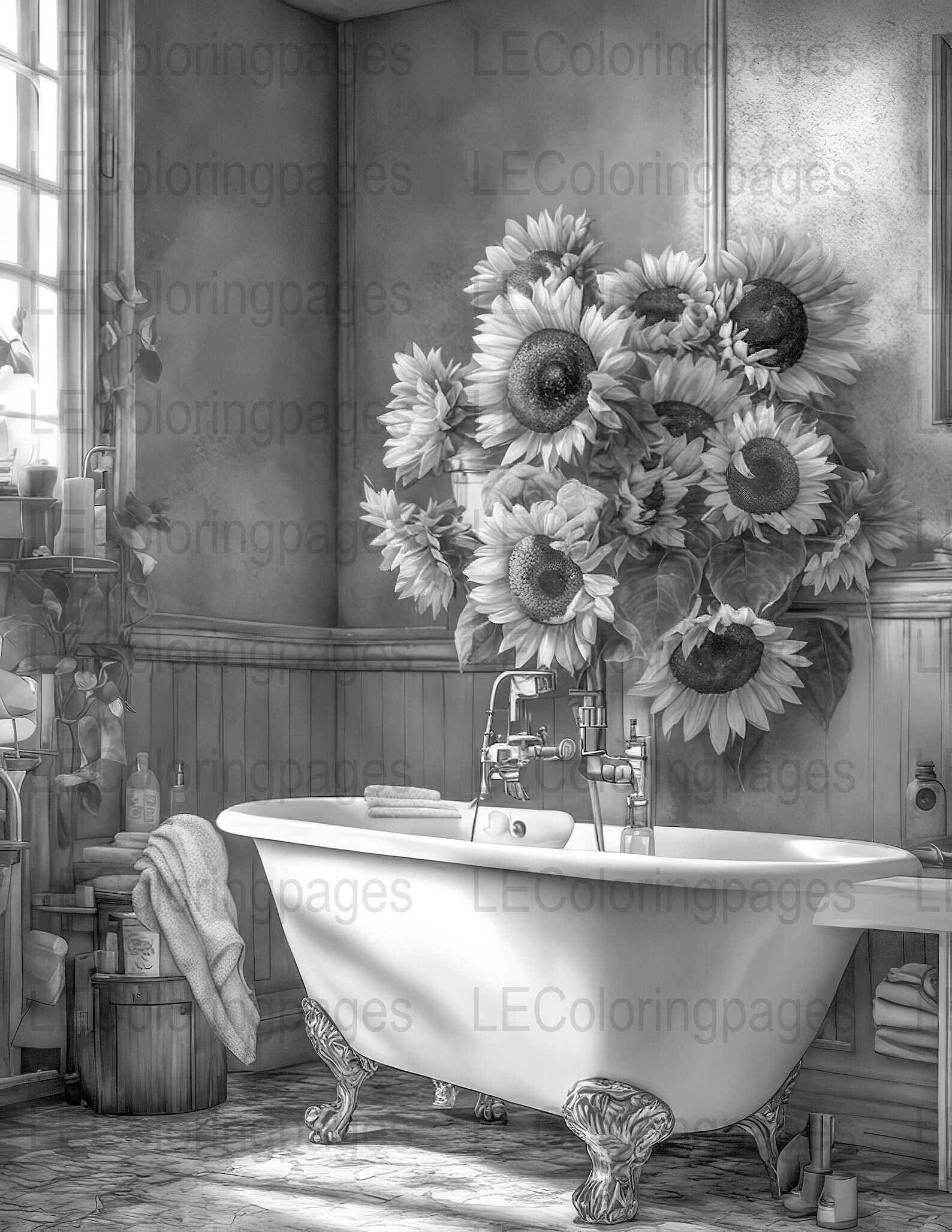 Sunflowers Grayscale Coloring Page for Adults #2 Instant Download ...