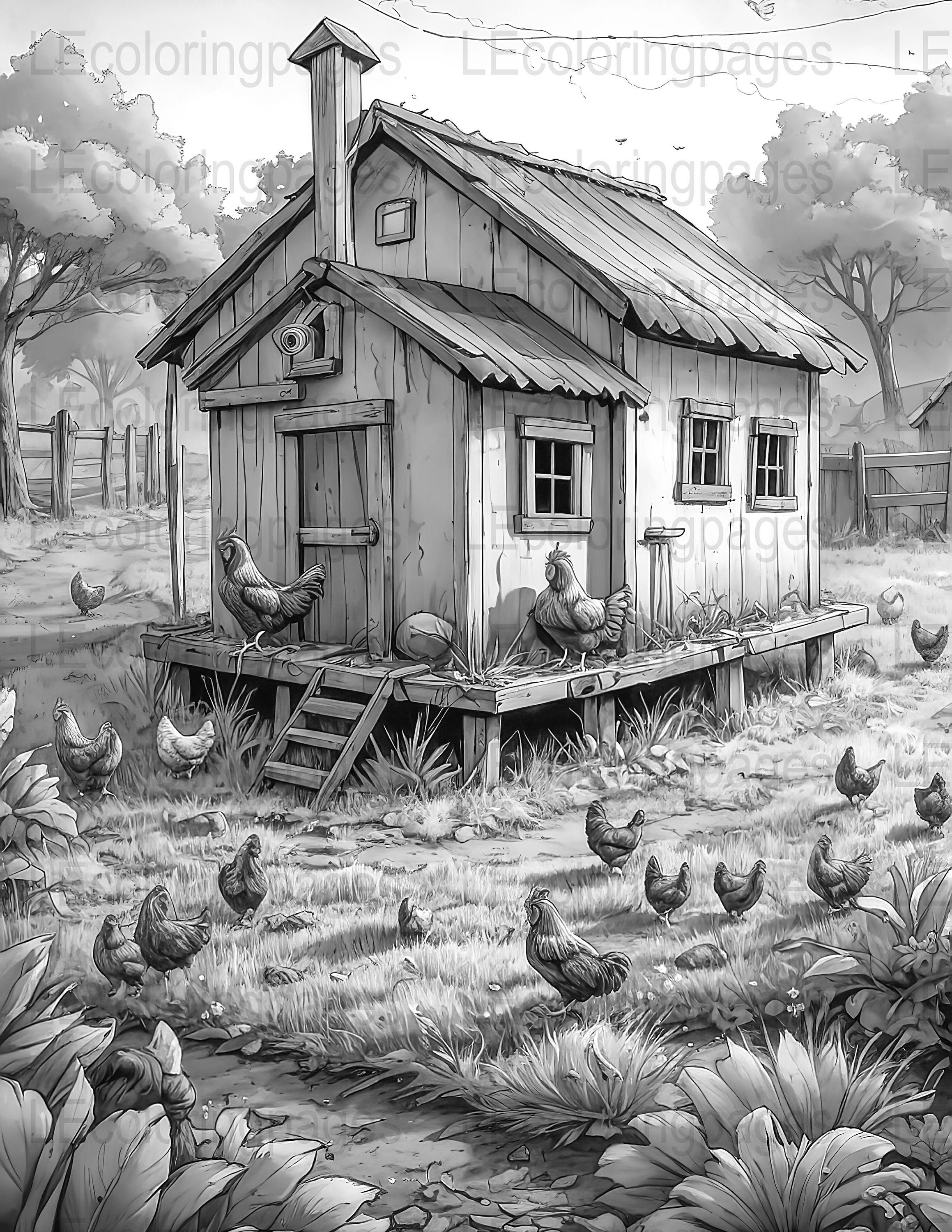Printable Adult Coloring Page, Rustic Chicken Coop Grayscale Scene ...