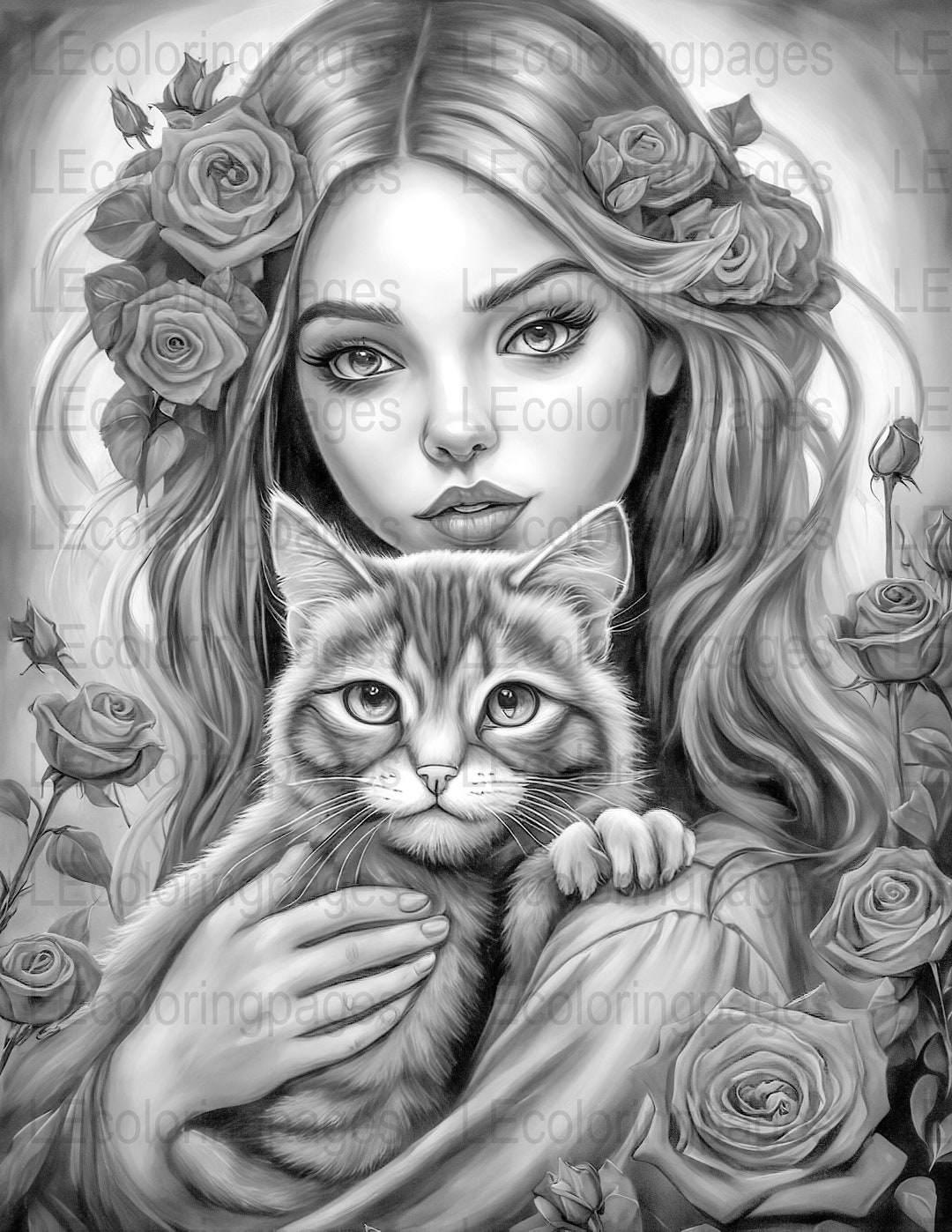 Gothic Cat Girl Coloring Page – Grayscale Fantasy Art (digital Download ...