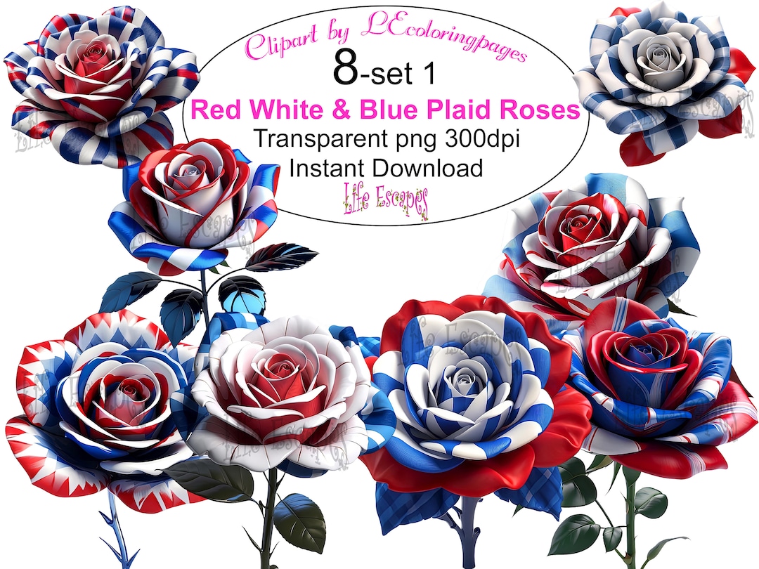 Patriotic Red White Blue Roses Clipart, Plaid Flower Graphics ...