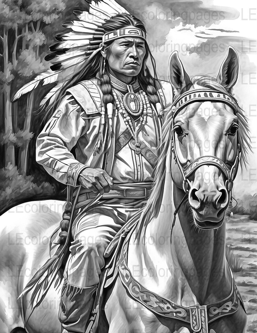 Grayscale Coloring Page for Adults, Native American and Horse, Stress ...