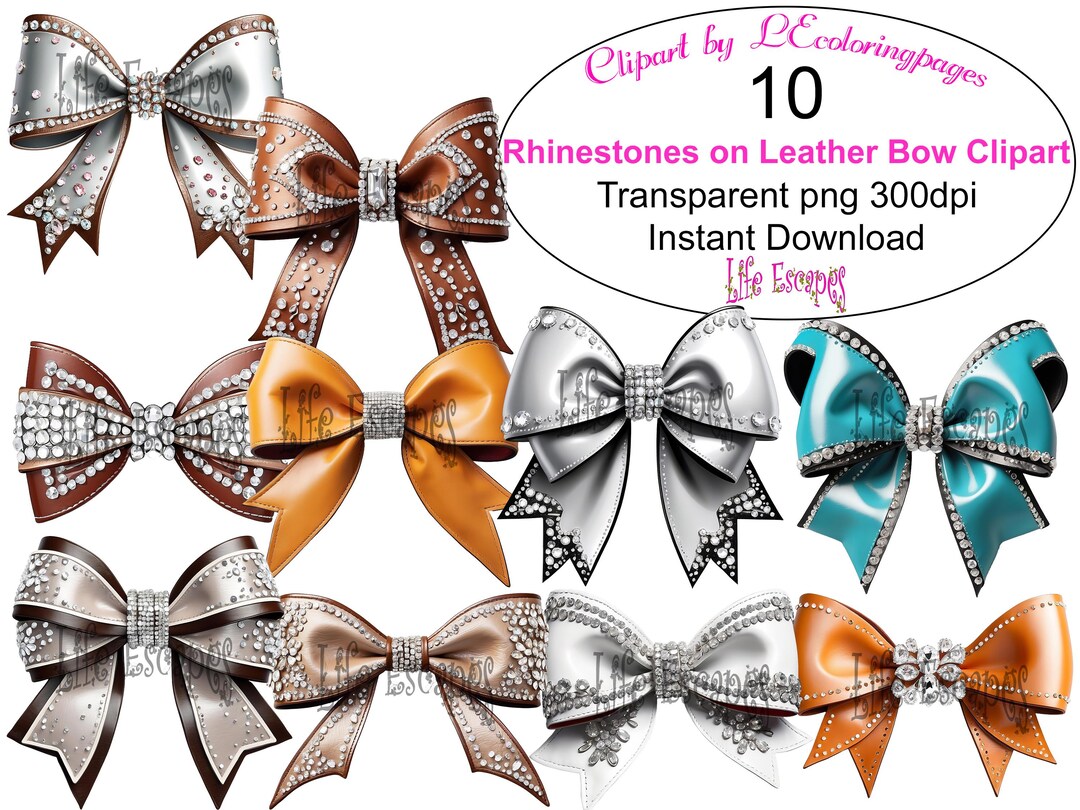 Rhinestone Leather Bow Clipart Set, Commercial & POD Use (PNG, Digital ...