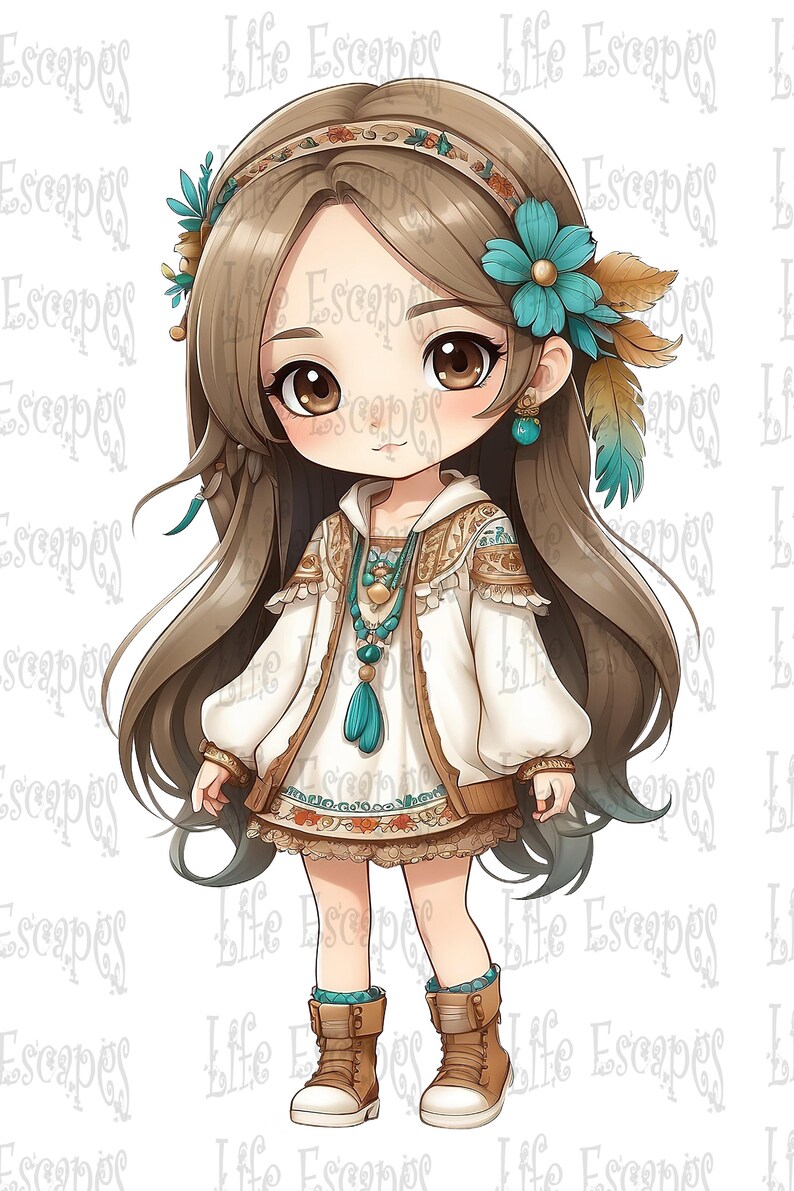 Chibi Boho Girl Digital Clipart Set, Light Skin, Instant Download ...