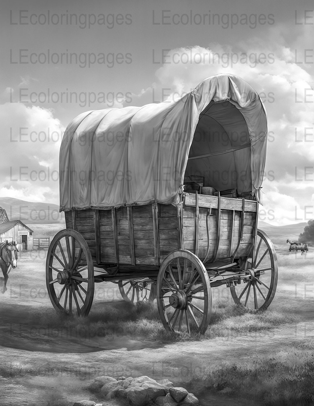 Rustic Farm Country Wagon Adult Coloring Page, Grayscale Scenery ...