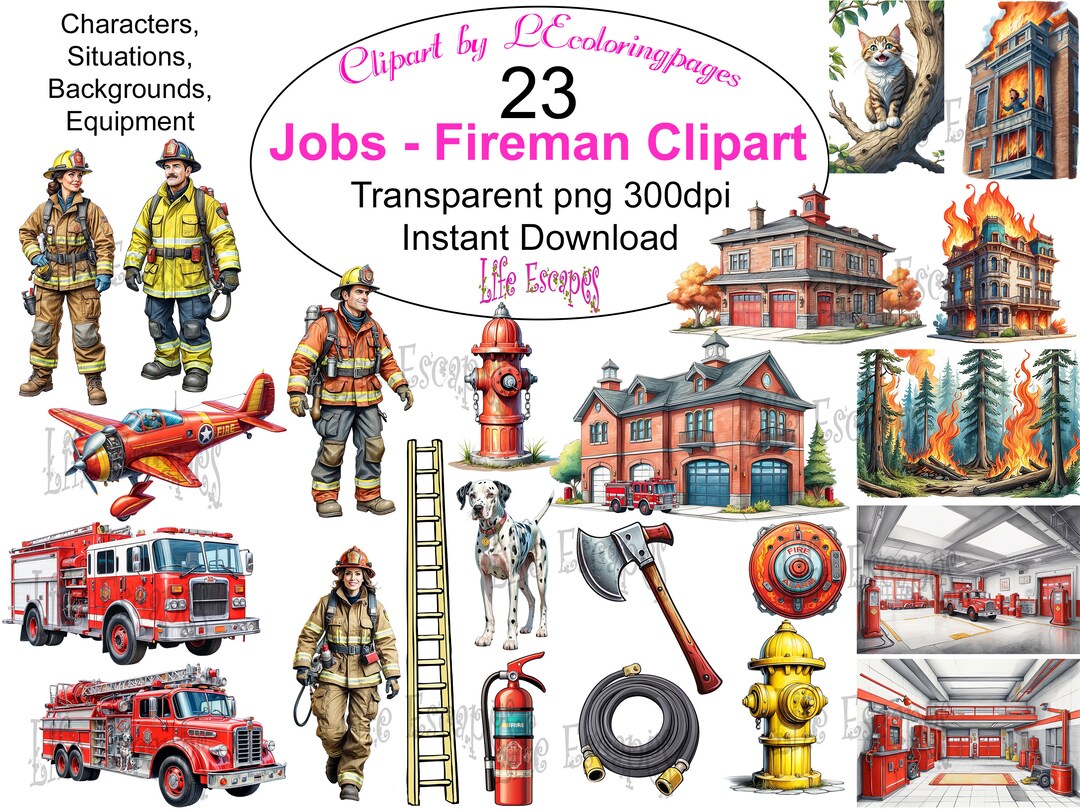 Firefighter Clipart Set, 23 Pieces, Transparent PNG, Instant Download ...