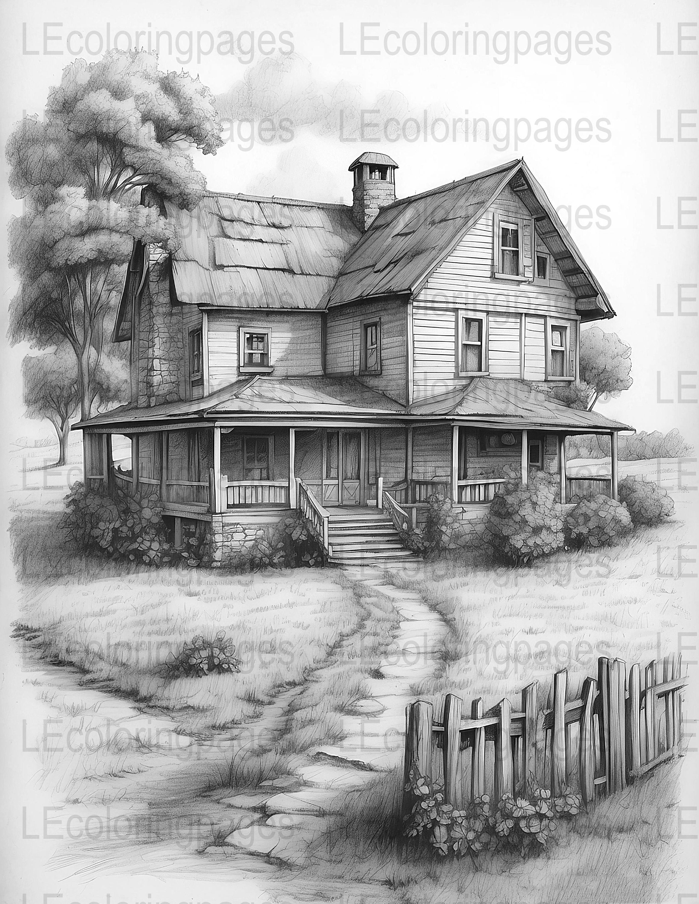 Grayscale Country House Printable Coloring Page for Adults, Relaxing ...