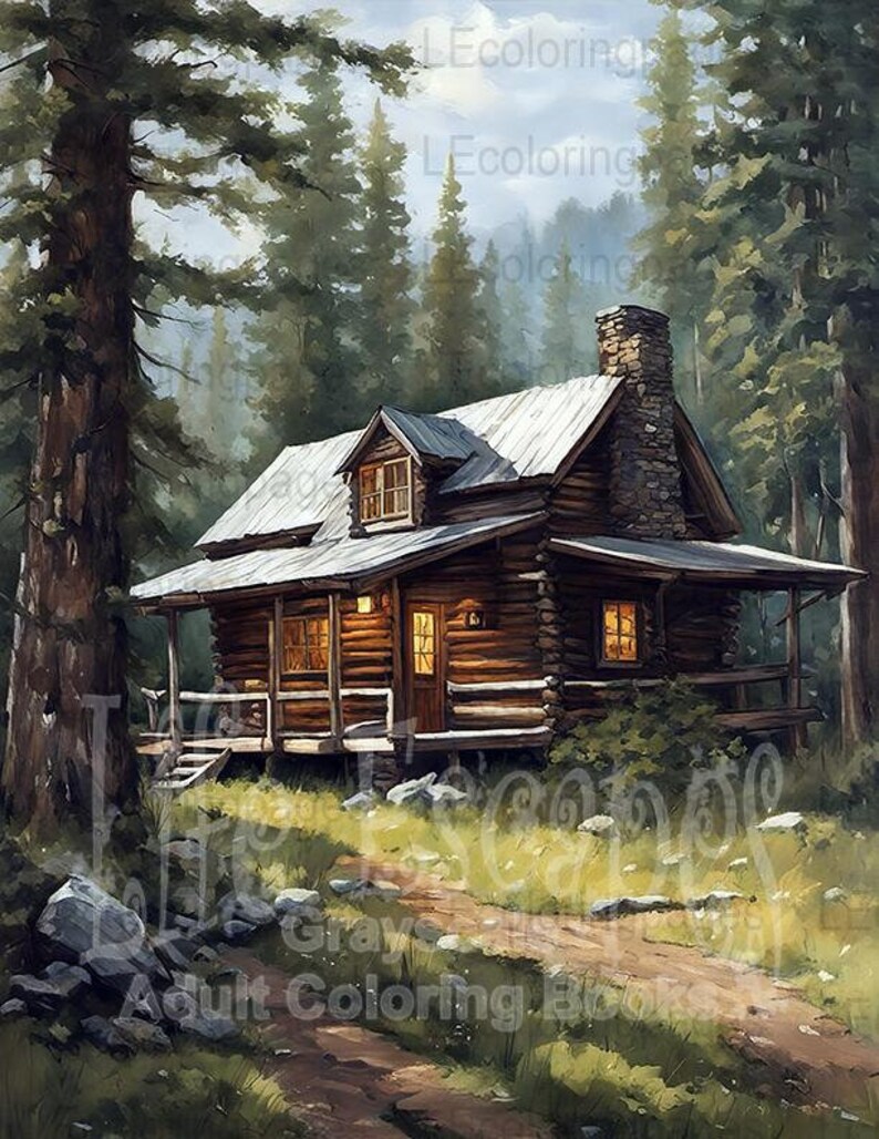 Hunting Cabin Grayscale Coloring Page for Adults 14 Instant - Etsy