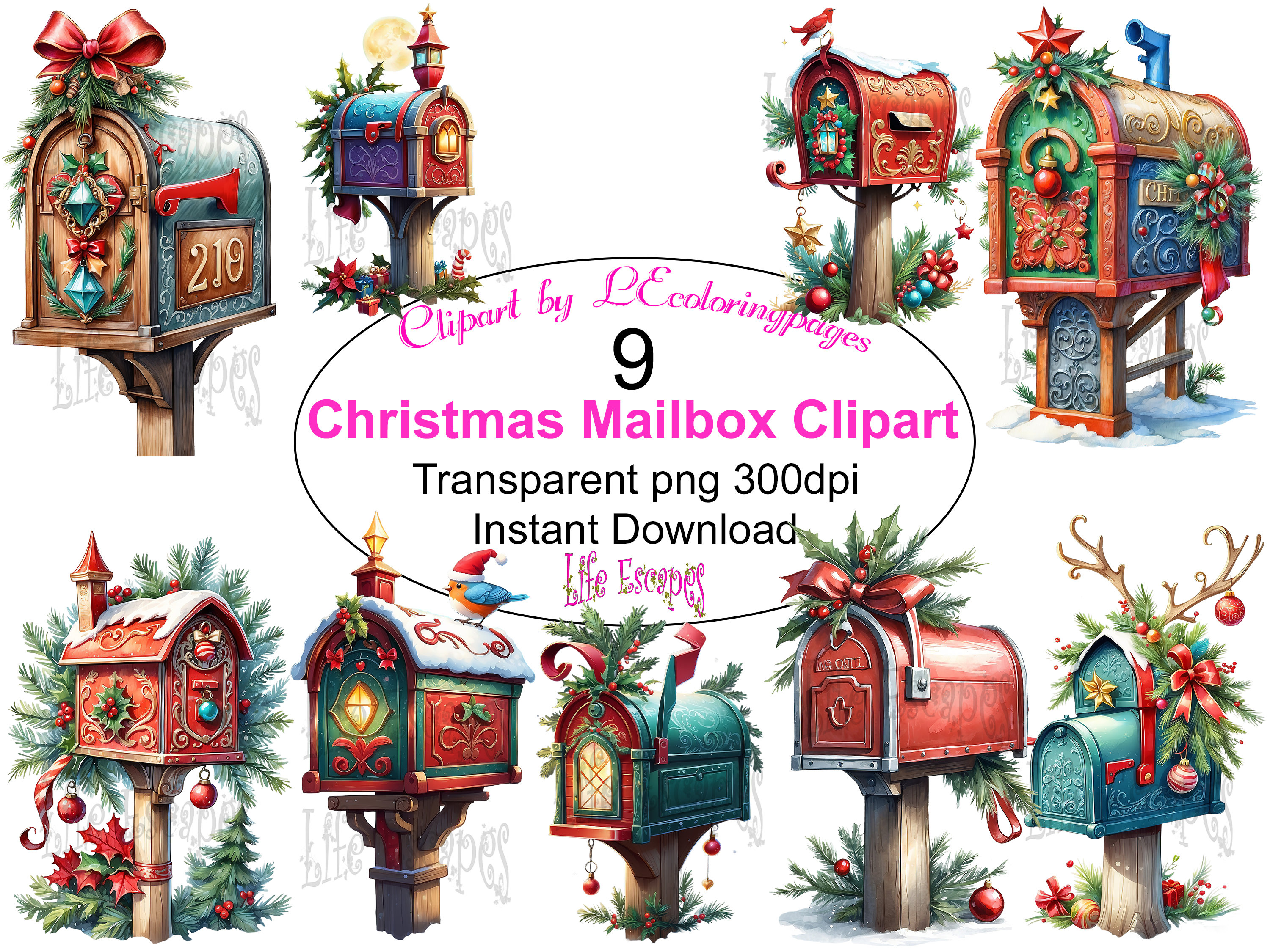Printable Christmas Mailbox Clipart Set Set 1, PNG, Commercial Use ...