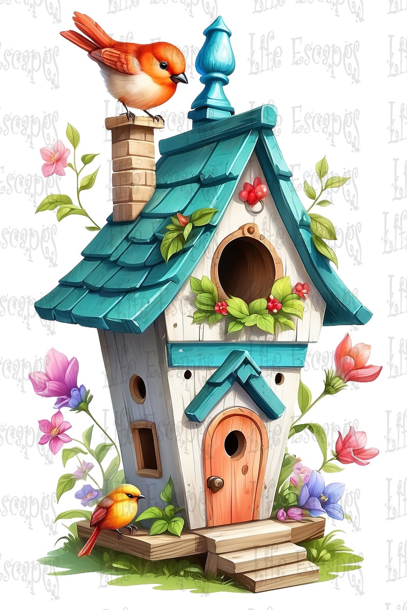 Whimsical Birdhouse Clipart, Colorful Garden PNG Graphics (digital ...