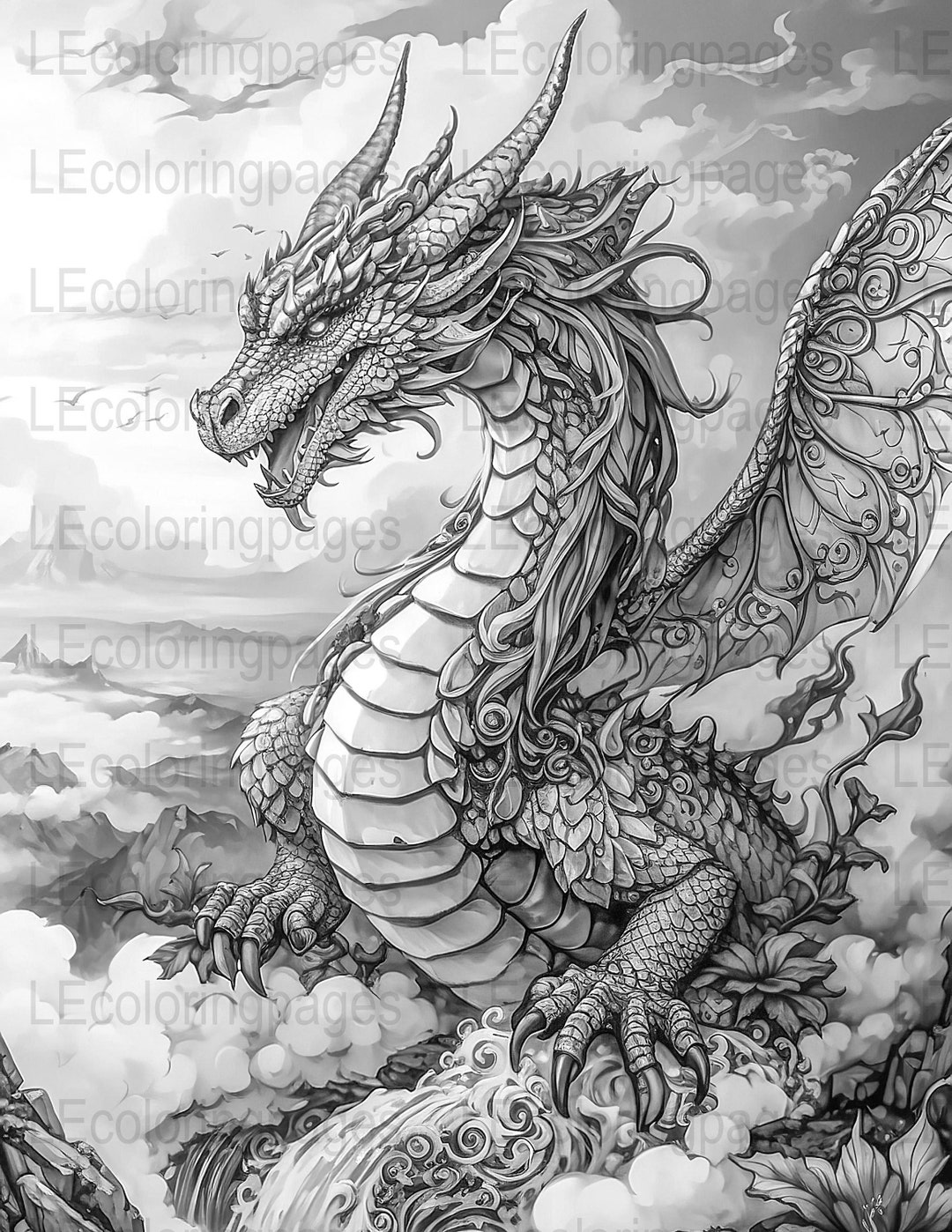 Majestic Dragon Grayscale Coloring Page, Fantasy Adult Stress Relief ...