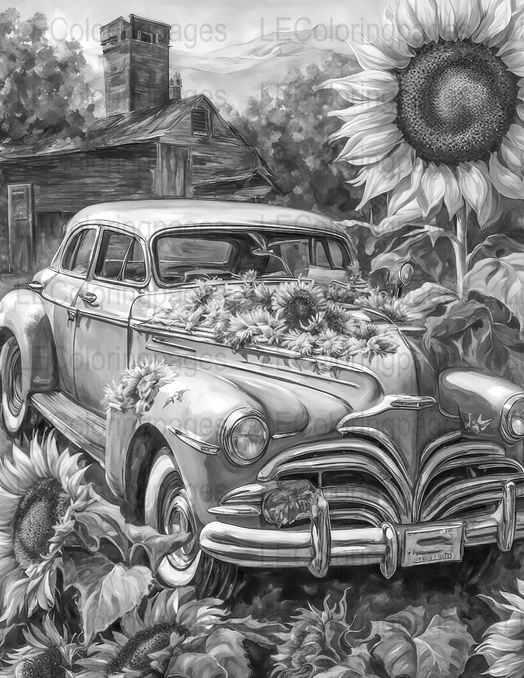 Sunflowers Grayscale Coloring Page for Adults #92 Instant Download ...