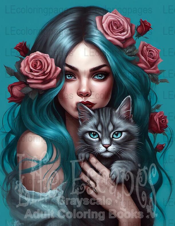 Gothic Cat Girl Grayscale Coloring Page for Adults 12 Instant Download ...