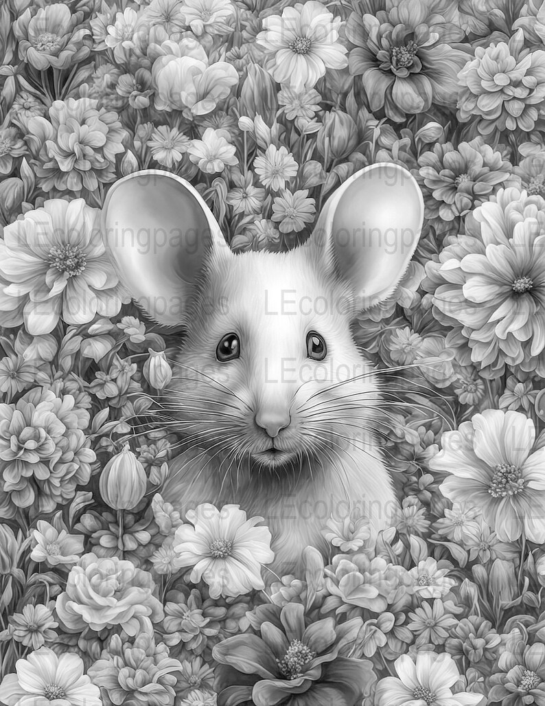 Adult Coloring Page Printable Grayscale Mouse Floral Pattern Stress ...