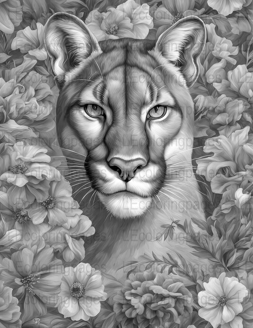 Adult Coloring Page Printable, Grayscale Lion and Floral Design ...