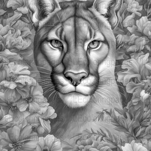 Adult Coloring Page Printable, Grayscale Lion and Floral Design ...