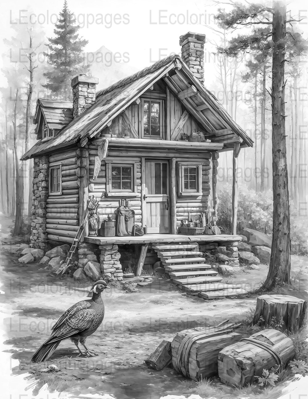 Hunting Cabin Grayscale Coloring Page for Adults #68 - Instant Download ...