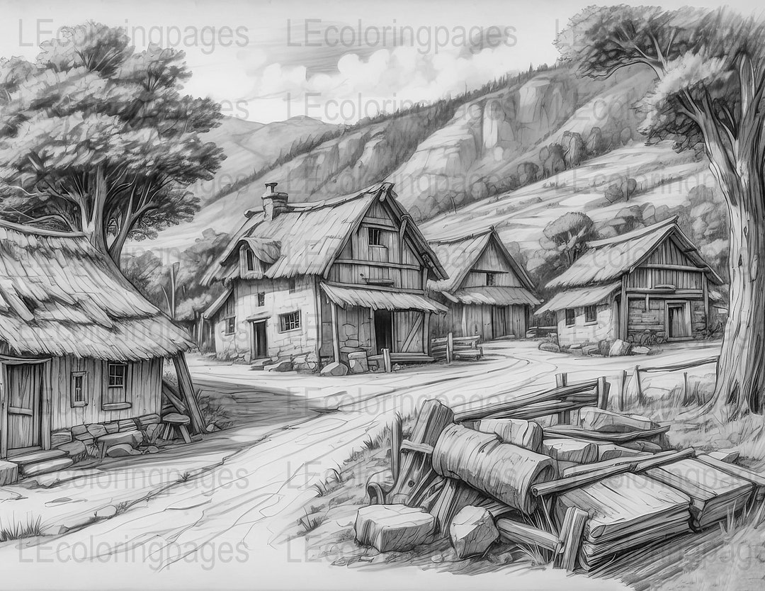 Rustic Countryside Grayscale Coloring Page, Printable Adult Stress ...