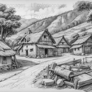Rustic Countryside Grayscale Coloring Page, Printable Adult Stress ...