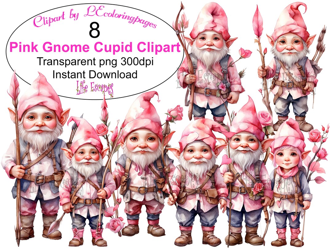 Pink Gnome Cupid Clipart, Valentine's Day Love Gnomes, Digital Download ...