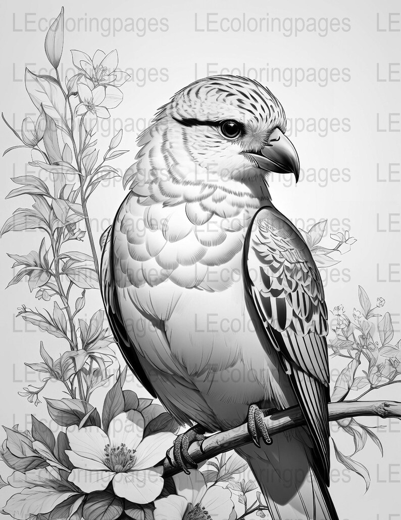 Grayscale Bird Coloring Page for Adults, Printable Bird & Floral ...