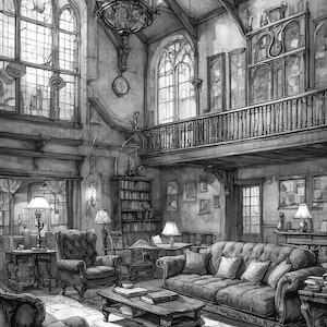 Intricate Library Scene Adult Coloring Page, Grayscale Digital Download ...