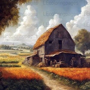 Rustic Farm Country Scene Grayscale Coloring Page, Adult Stress Relief ...