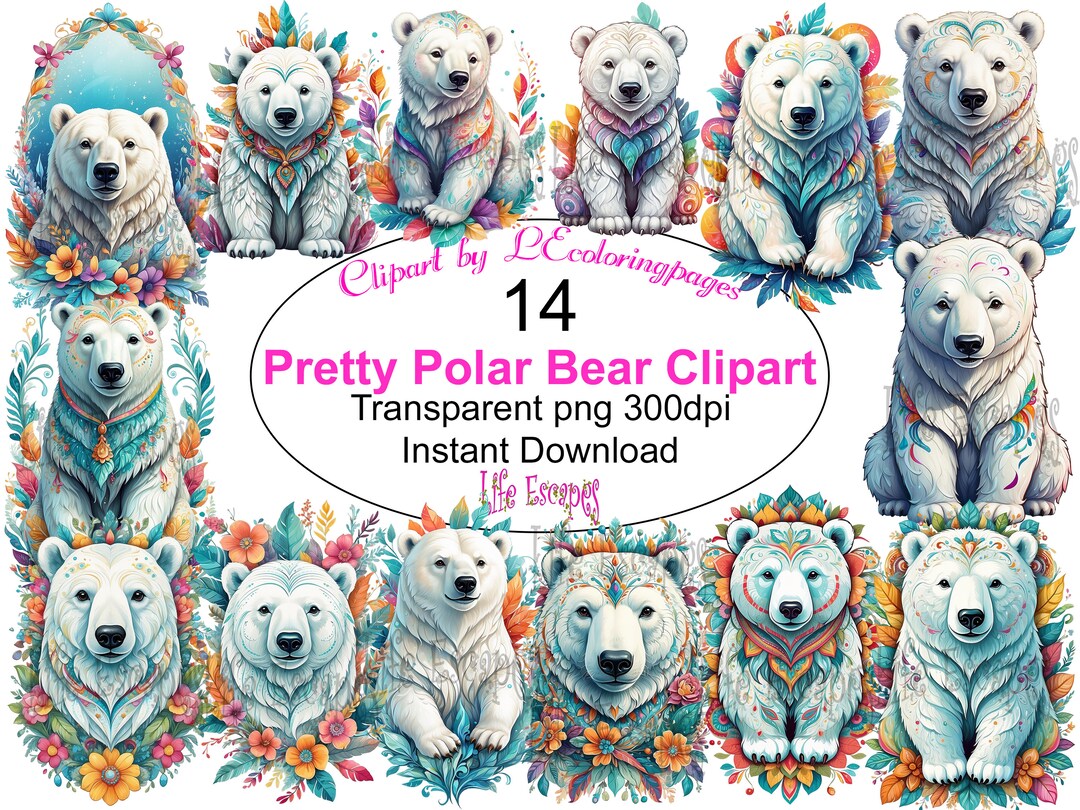 Pretty Polar Bear Clipart Set, Floral Bear Illustrations, Commercial ...