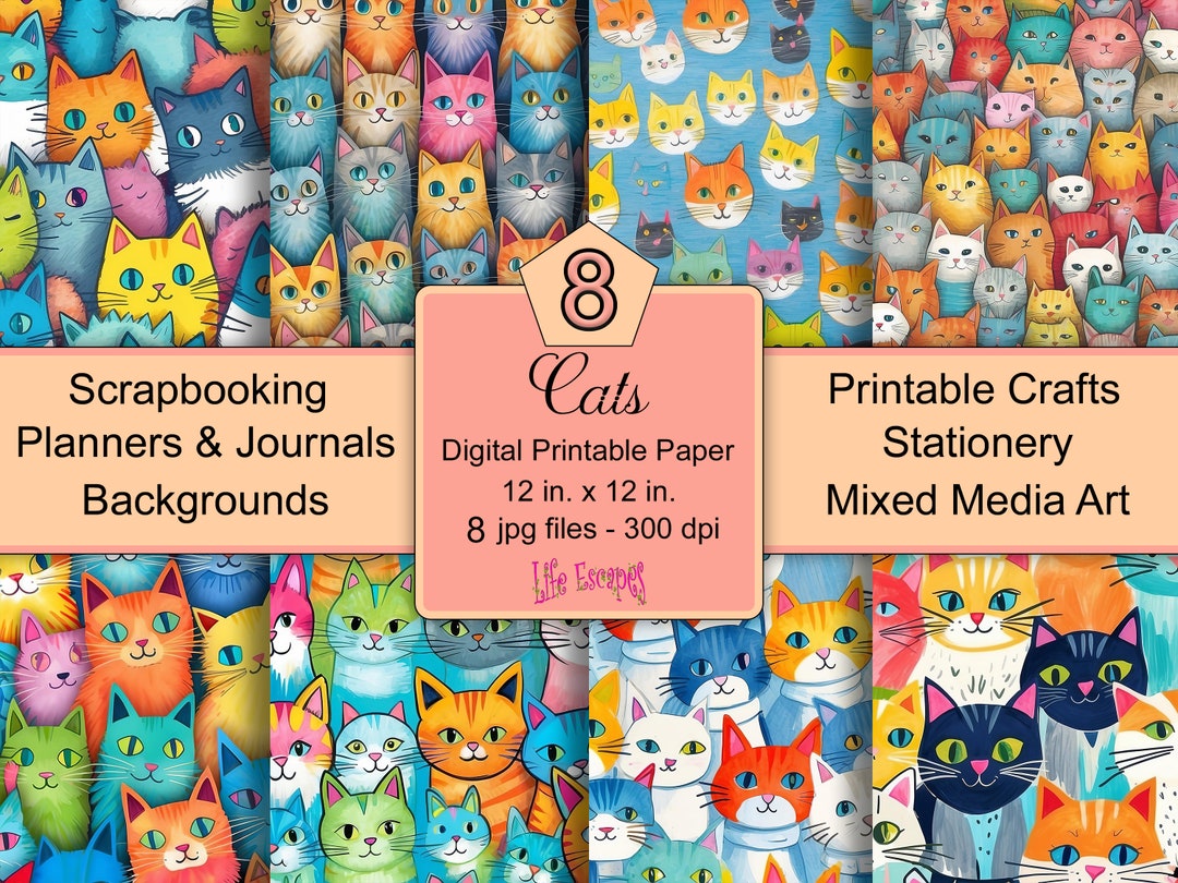 Printable Cat Digital Paper Pack, Colorful Cat Patterns, Scrapbooking ...