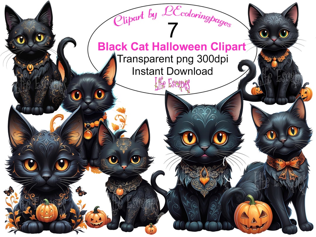 Black Cat Halloween Clipart Set, 7 Digital Images, Transparent PNG ...