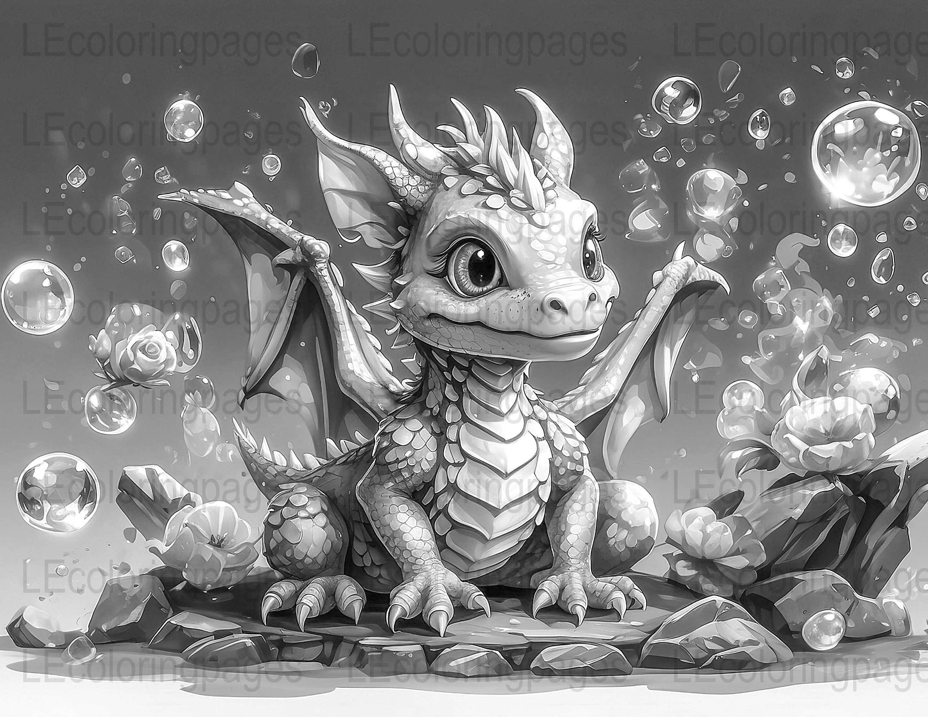 Adult Coloring Page, Grayscale Dragon Printable, Fantasy Creature ...