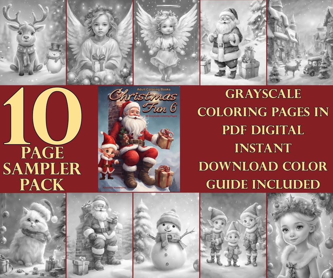 Grayscale Christmas Coloring Pages Digital Download 10 Page Bundle ...
