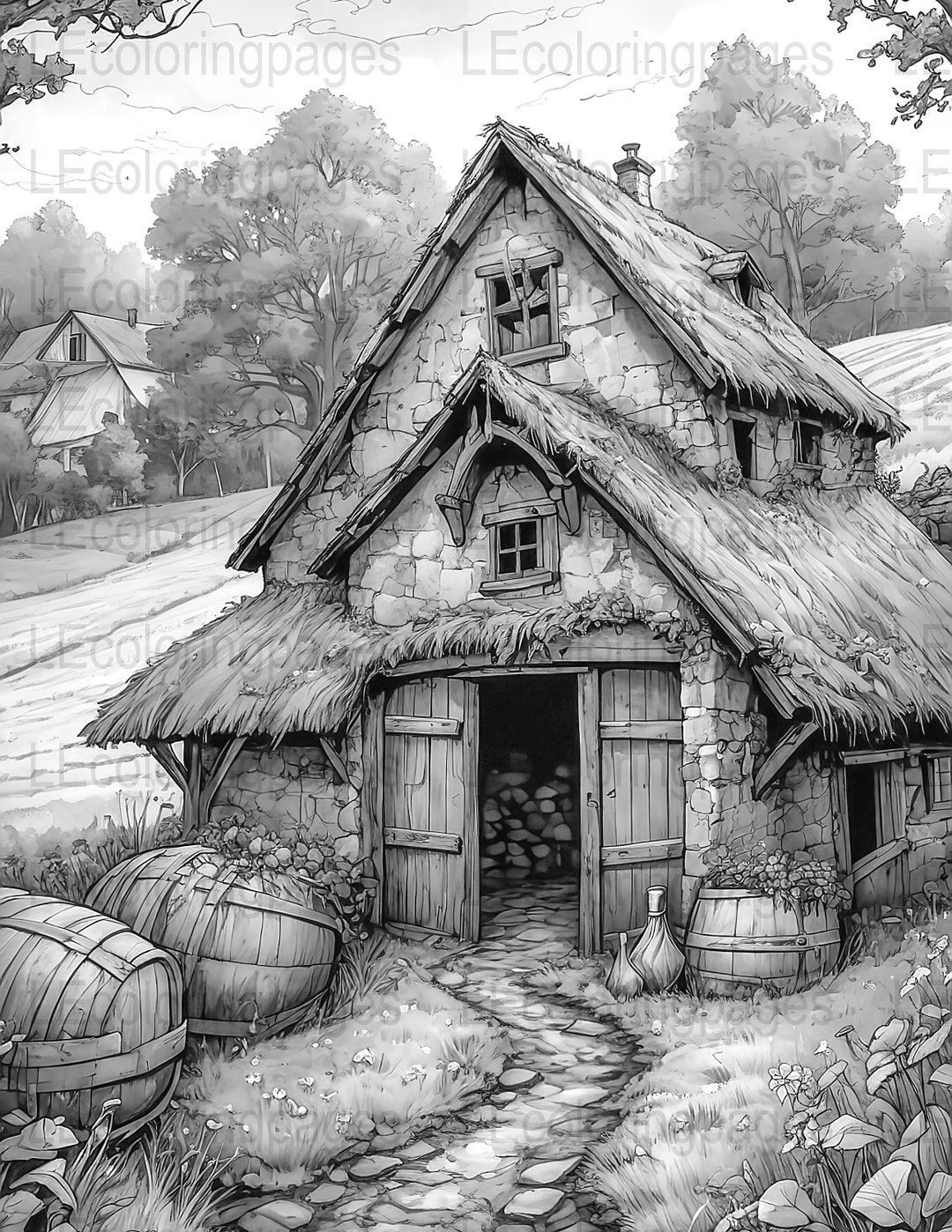 Grayscale Cottage Scene Adult Coloring Page, Printable Rustic House ...