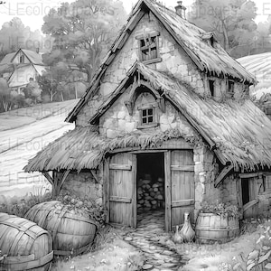 Grayscale Cottage Coloring Page for Adults, Rustic House (instant ...