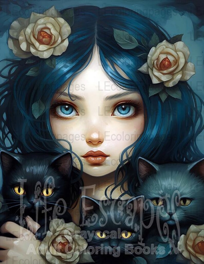 Gothic Cat Girl Grayscale Coloring Page for Adults 94 Instant Download ...